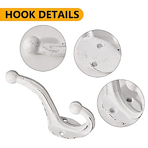rumdraw Vintage Wall Mount Iron Hooks (Distressed White, Set of 5) for Coats ，Towels，Bags， Hats
