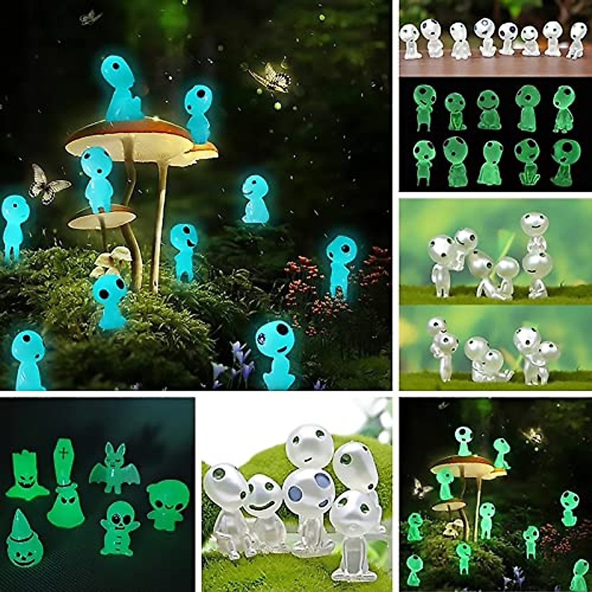 ZFFLYH Princess Mononoke Tree Spirits with Glow in The Dark Rocks and Tree Stump, 62Pcs Luminous Ghost Micro Landscape for Landscape Garden Decoration,Blue