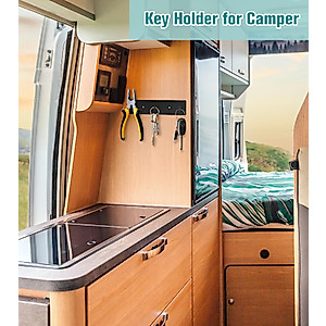 RELBRO Key Holder Wall Mount, Black Metal Key Hanger Self Adhesive Key Rail with 3 Key Hooks Key Rack Organizer 2 Options Installation for Entryway Hallway Kitchen RV Camper