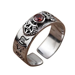 Pure Silver Ring, Buddhism six true word ,Sterling Silver 925 , Natural Garnet Gemstone, Adjustable open ring, Retro Folk style, unisex ring