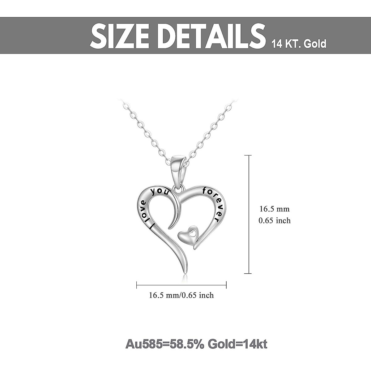 SISGEM 14k White Gold I love You Forever Heart Necklace, Love Jewelry for Her, 16+1+1 Inches