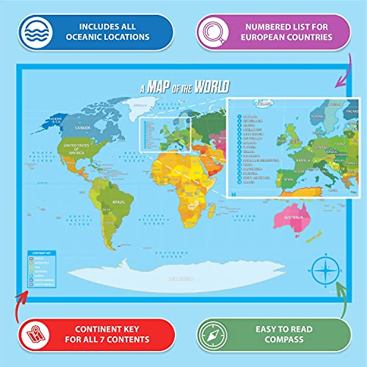 Classroom Wall Posters - Solar System, Periodic Table, World Map & USA Maps for Kids - Visual Learning Aid for Children and Schools - Laminated & Durable