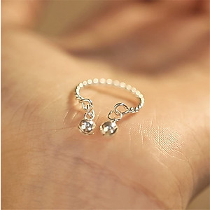 Dainty Ball Bell 925 Sterling Silver Adjustable Open Ring for Women Girls Expandable Boho Twisted Statement Finger Rings Comfort Fit Cute Charms Dangle Jewelry Christmas BFF Gift
