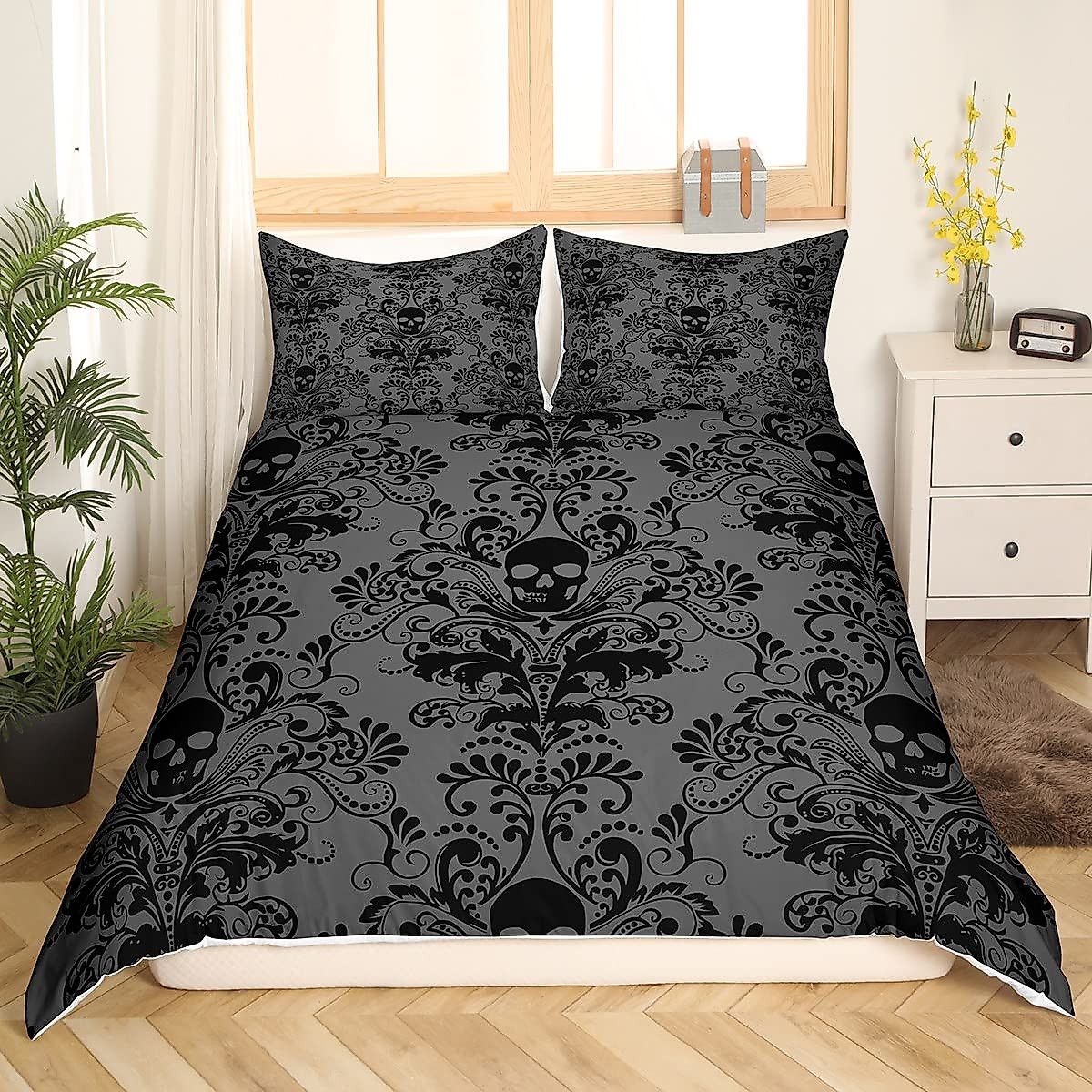 Adults Black Damask Bedding Set Antique Victorian Baroque Duvet Cover Queen Size Gothic Vintage Floral Comforter Cover Exotic Sugar Skull Quilt Cover Queen,Gothic Bone Skeleton Bohemian Decor,Grey