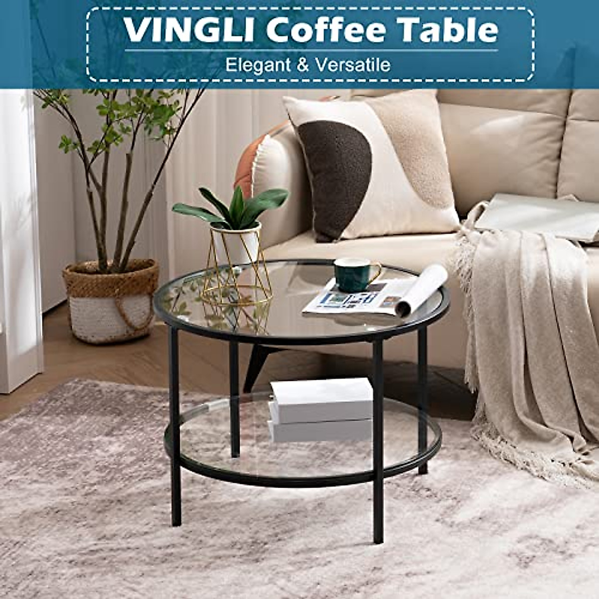 VINGLI Glass Coffee Table, 25.6" Round Coffee Table Black Coffee Tables for Living Room, 2-Tier Glass Top Coffee Table with Storage Clear Coffee Table, Simple & Modern Center Table for Small Space