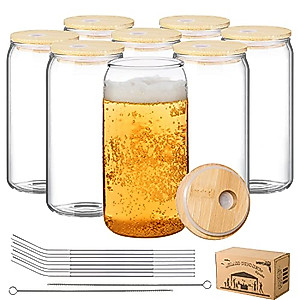 MMonDod 8 Pack Glass Cups with Lids and Straws,Iced Coffee Cup,Glass Beer Cups with Bamboo Lids and Straws,Can Shaped Glass Cups,Glass Soda Can Cup,16 oz Can Tumbler Glasses with Lid and Straw