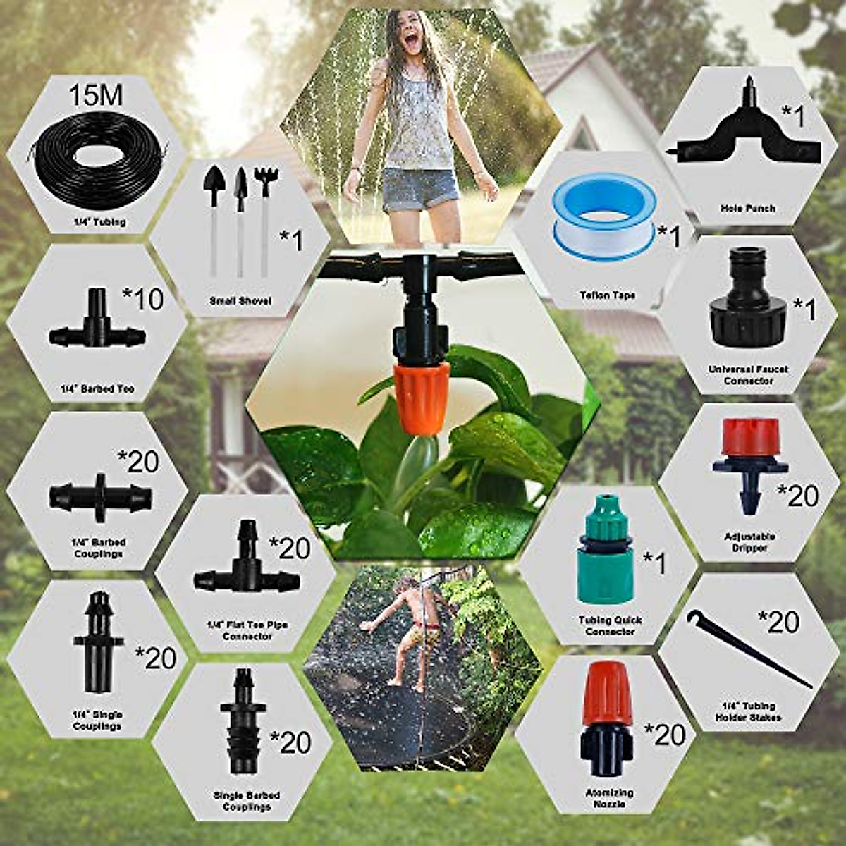 Optimisland Drip Irrigation Kit, 50ft Garden Irrigation System, 1/4" Blank Distribution Tubing Drip Irrigation Hose for, Save Water, Adjustable Automatic Irrigation Equipment for Garden (168PCS+50FT)