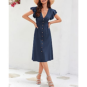 LAOCERENCE Womens Tea Party Elegant Midi Dress Ruffle Sleeves V Neck Slim Fit Tie Waist A line Dresses Summer Vocation Navy