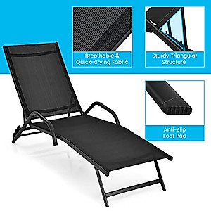 Tangkula Outdoor Patio Chaise Lounge Chairs, Reclining Lounge Chairs with 5-Position Adjustable Backrest & Breathable Fabric, Outdoor Recliner Chairs for Lawn, Poolside & Backyard, Set of 2 (2, Black)