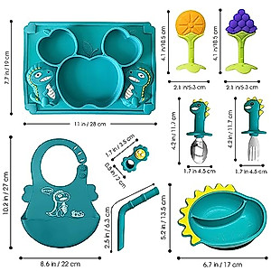 Dinosaur Silicone Baby Feeding Set |Toddler Utensils, baby spoon and fork, waterproof bibs, bowl & suction plates for Self-Feeding. Baby Led Weaning, Toddler feeding supplies. (Dino Green)