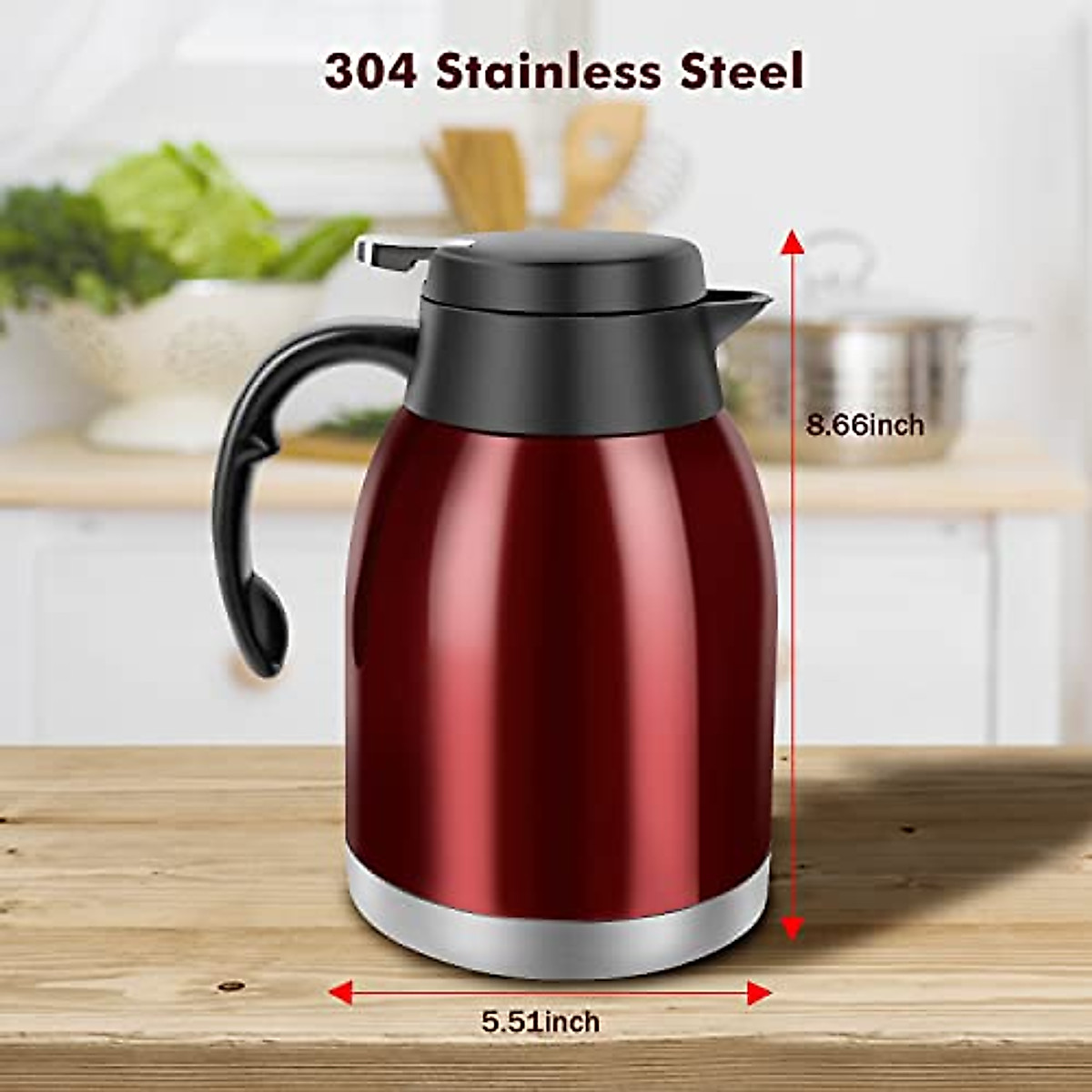 Stainless Steel Thermal Coffee Carafe Dispenser, Unbreakable Double Wall Vacuum Thermos Flask Large Capacity 56oz 1.6L Water Tea Pot Beverage Pitcher for Banquet and Easter Party(Bright Red)