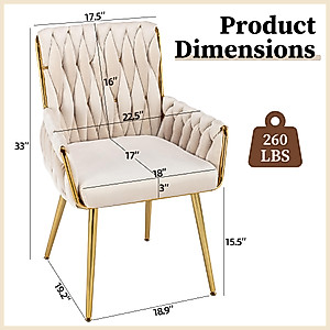 ABET Velvet Desk Chair 1PC, Modern Woven Armchair with Gold Metal Legs & Armrest, Comfy Upholstered Vanity Makeup Chair for Teen Girls & Women, Cute Office Chair for Bedroom, Living Room,Beige