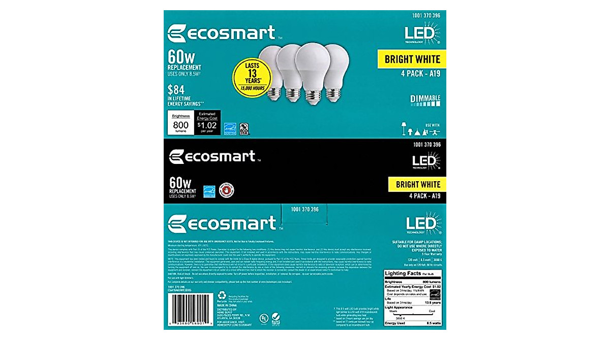 EcoSmart 60W Equivalent Bright White A19 Energy Star + Dimmable LED ...