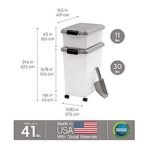IRIS USA Dog Food Storage Container, 30 lbs & 11 lbs Combo, Cat Food Storage Container, Dog Treat Container, Airtight, Stackable, 2-Cup Scoop, Wheels, Easy Mobility, Chrome