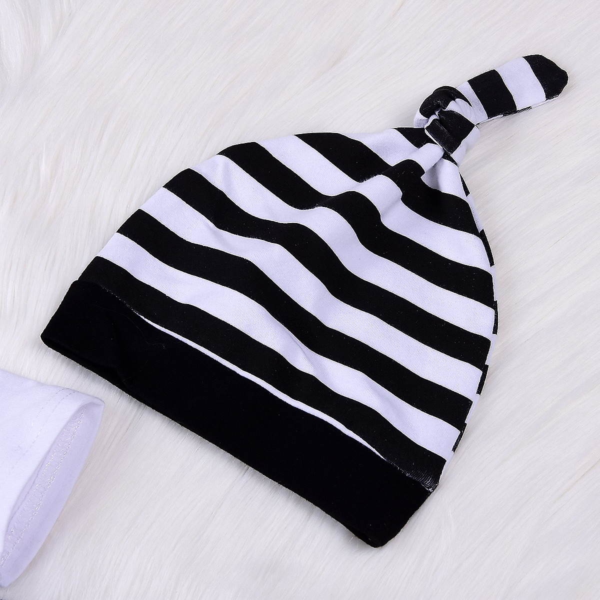 Newborn 4pcs Set Outfit Striped Hoodie with Romper Jumpsuit+ Striped Long Pants and Hat (Newborn, White)