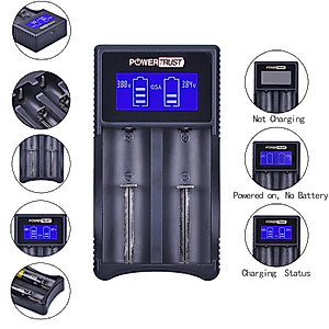 PowerTrust Smart Charger,LCD Universal Intelligent USB Dual Battery Charger for Rechargeable Li-ion Batteries 18650 26650 22650 18490 18350 17670 17500 16340 RCR123 14500, Ni-MH Ni-Cd A AA AAA C