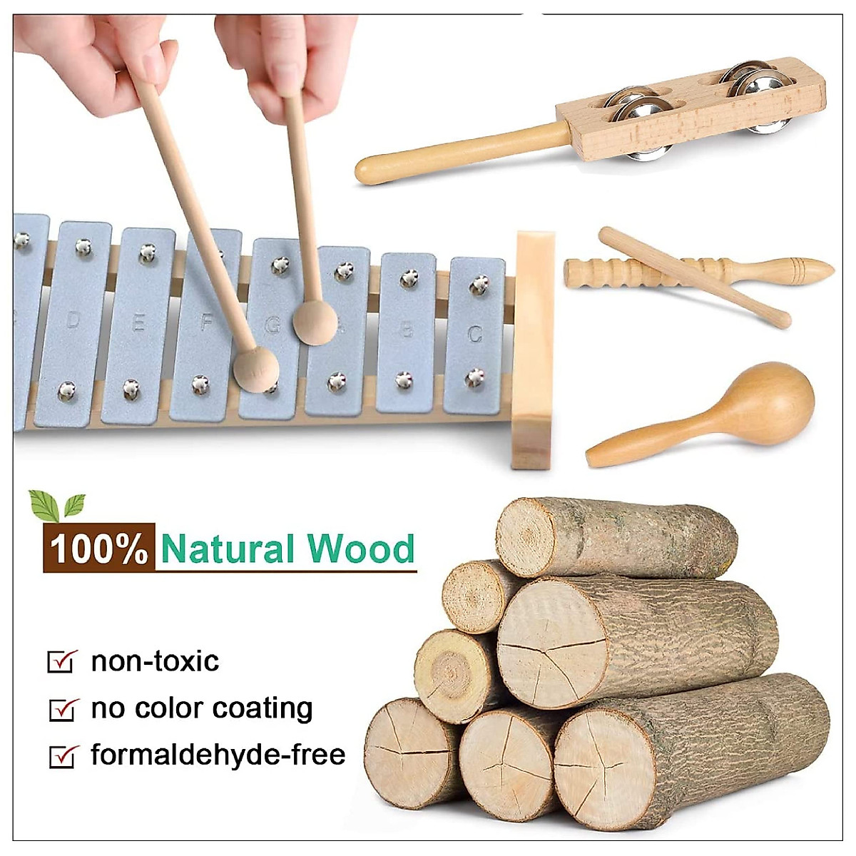 LOOIKOOS Toddler Musical Instruments, Eco Friendly Music Set for Kids Preschool Educational, Natural Wooden Percussion Instruments Musical Toys for Boys and Girls with Storage Bag