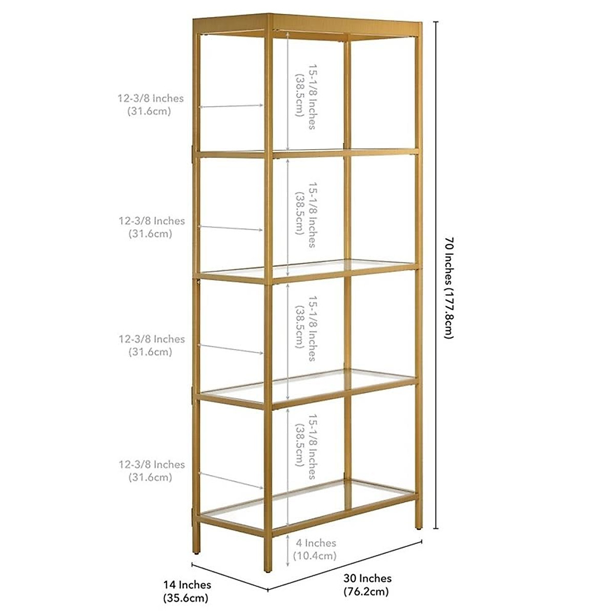 Henn&Hart 30" Wide Rectangular Bookcase in Brass, for Home Office, Living Room