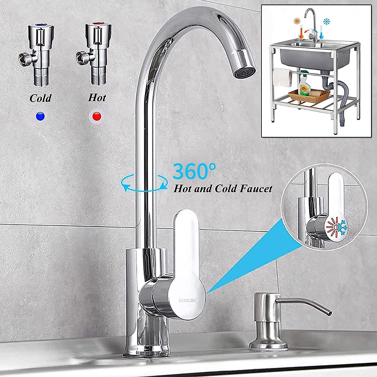 Utility Sink Stainless Steel Commercial Kitchen Sink 1 Compartment Free Standing Sink Unit with Cold and Hot Faucet for Outdoor Laundry Room Bar Restaurant Catering 27"