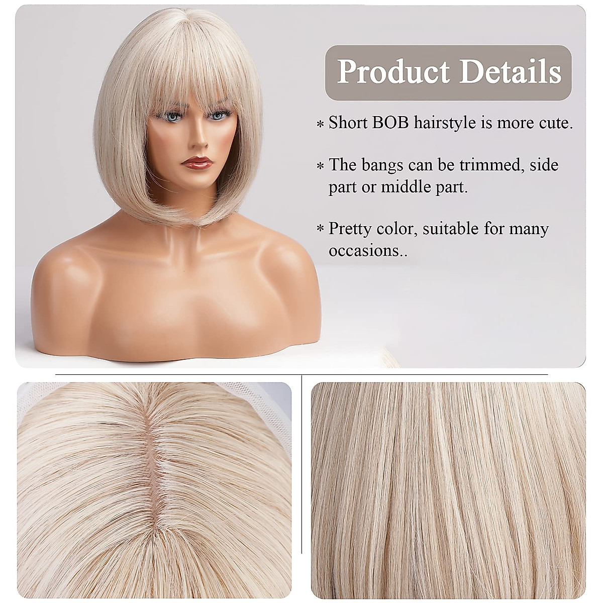 HAIRCUBE 12 Inch Blonde to White Bob Wigs with Bangs Ombre to Blonde Hair Synthetic Heat Resistant for Women