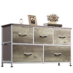 WLIVE Dresser for Bedroom with 5 Drawers, Wide Chest of Drawers, Fabric Dresser, Storage Organizer Unit with Fabric Bins for Closet, Living Room, Hallway, Greige Oak