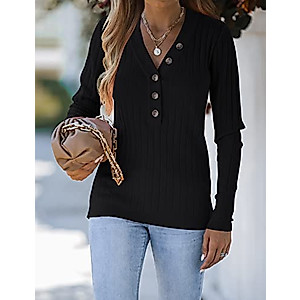 MEROKEETY Women's Long Sleeve V Neck Ribbed Button Knit Sweater Solid Color Tops Black