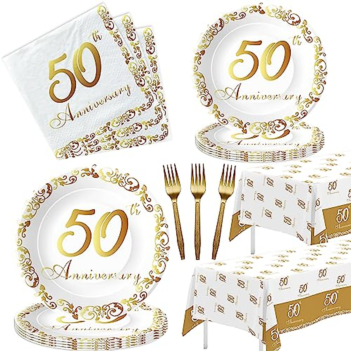 APOWBLS 50th Anniversary Decorations And Supplies Tableware - Golden 50th Wedding Anniversary Decorations, Plate, Napkin, Tablecloth, Fork, 50 Year Anniversary Party Supplies Decorations | Serve 24