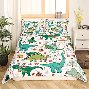 Cute Dinosaur Duvet Cover Set Full Size,Christmas Theme Dinosaur Bedding Set 3Pcs for Kids Girls Boys,Cartoon Xmas Tree Snowman Comforter Cover Xmas Animal Quilt Cover Teens Room Decor,2 Pillowcases