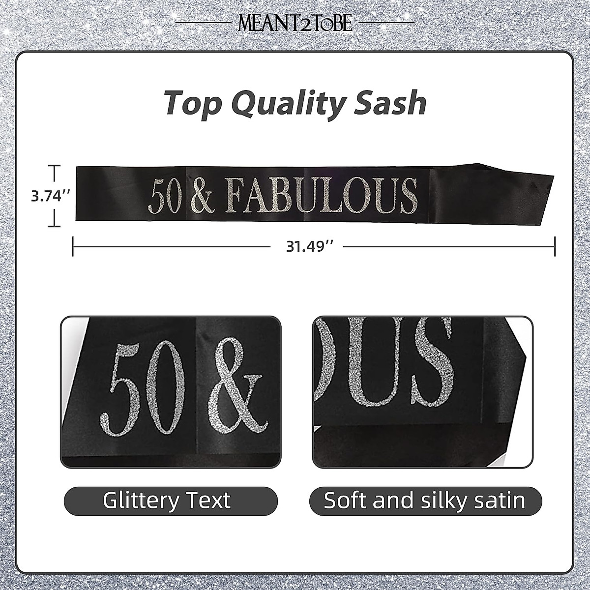 MEANT2TOBE 50th Birthday Sash and Tiara for Women - Fabulous Glitter Sash + Waves Rhinestone Silver Premium Metal Tiara for Her, 50th Birthday Gifts for 50 Party