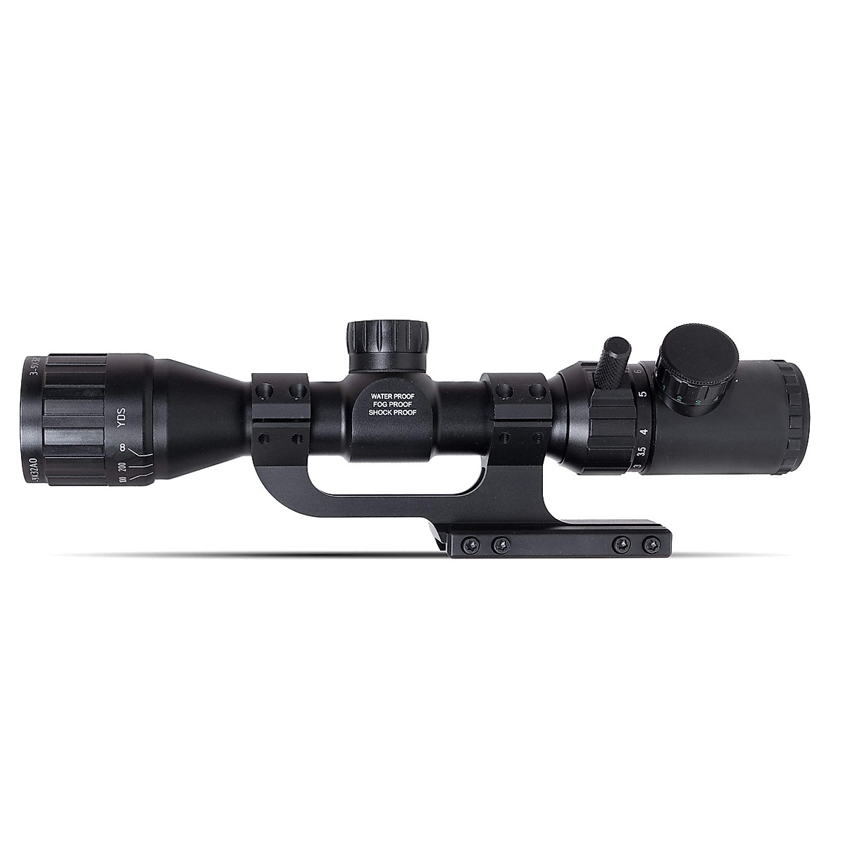 Monstrum 3-9x32 AO Rifle Scope with Illuminated Range Finder Reticle and Parallax Adjustment | ZR250 H-Series Offset Scope Mount | Bundle