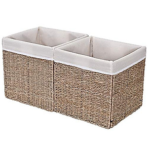 StorageWorks Rectangular Wicker Baskets for Shelves, Seagrass Hand-Woven Baskets with Linings, Medium, 10 ¼ x 10 ¼ x 10 ¾ inches, 2-Pack