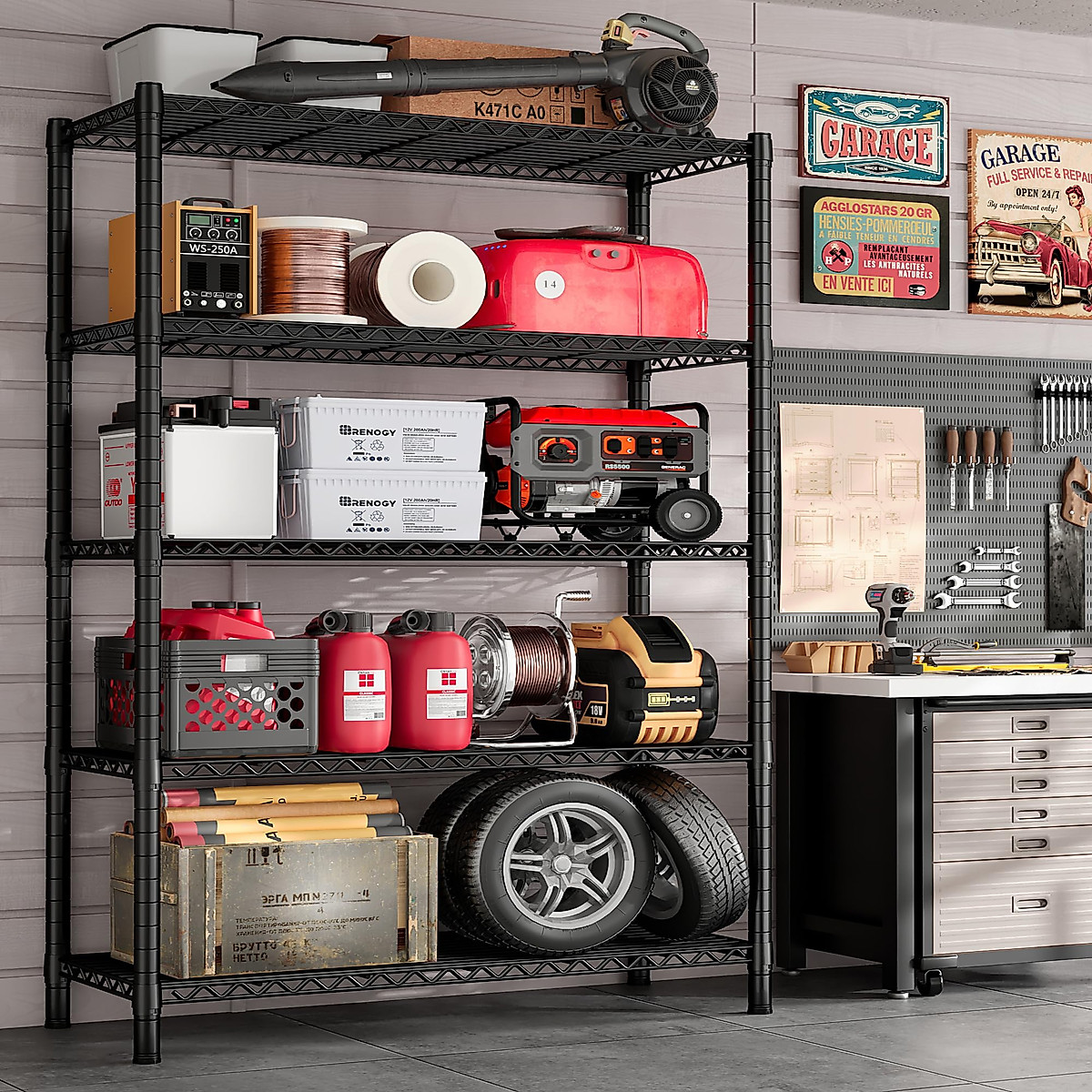 REIBII 72''W Wire Shelving Loads 2100LBS,5 Tier Metal Shelving with Adjustable Storage Shelves 36''W Garage Shelving Heavy Duty with Wheels Metal Shelves for Storage Rack 2PC,76''HX36''WX16''D