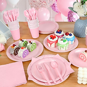 WNINK 168PCS Light Pink Paper Plates and Napkins,Pink Disposable Plates Set with Pink Utensils,Pink Party Decorations for Baby Shower Gender Reveal Women Birthday Party Supplies Serve 24 Guests