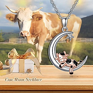 URONE Cow Necklace Sterling Silver Cow Moon Pendant Cute Cow Animal Jewelry Gifts for Women Girls