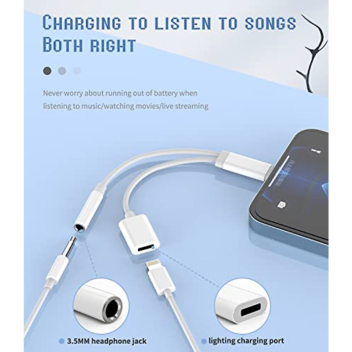 Iphone AUX Adapter for Headphone Jack Cable Dongle 2in1 Lightning to 3.5mm Splitter Charge Cord MFI Certified Audio Charging Adaptador Para for Apple 13 12 11 Pro Max Mini X 8 7 Plus Ipad Music Earbud