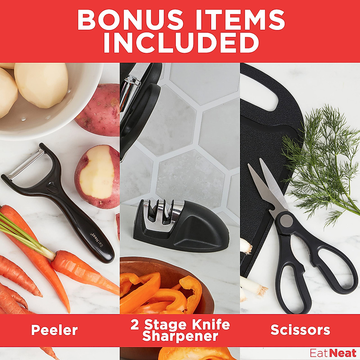 EatNeat Kitchen Knife Set with Cutting Board - EatNeat 5-Pack of Glass Food Storage Containers with Airtight Snap Locking Lids to Keep Food Fresh