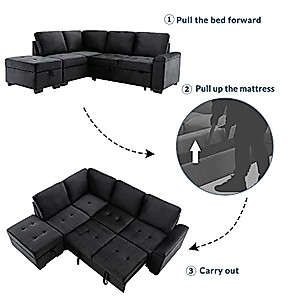 UBGO Sectional Modern L Shape Corner Convertible Sleeper Combination Sofa Bed Ottoman and Storage Hidden Arms Pull Out Sheet for Living Room Apartment, Black G