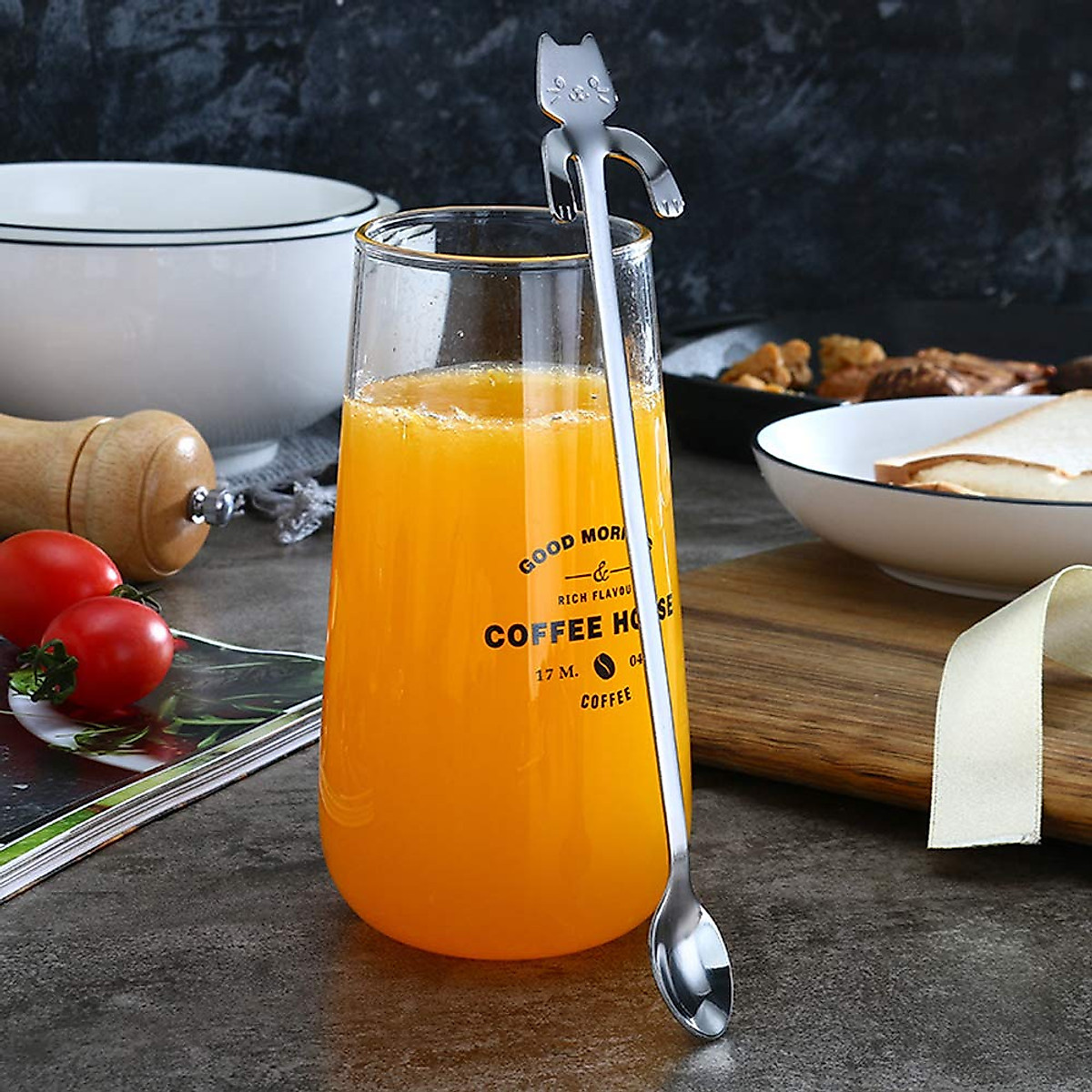 6 PCS Cat Spoon Coffee Tea spoon Set, ESRISE Stainless Steel Hanging Cup Teaspoons Demitasse Mini Long Cute Kitten Stirring Spoon for Dessert Drink Mixing Milkshake (Multi)