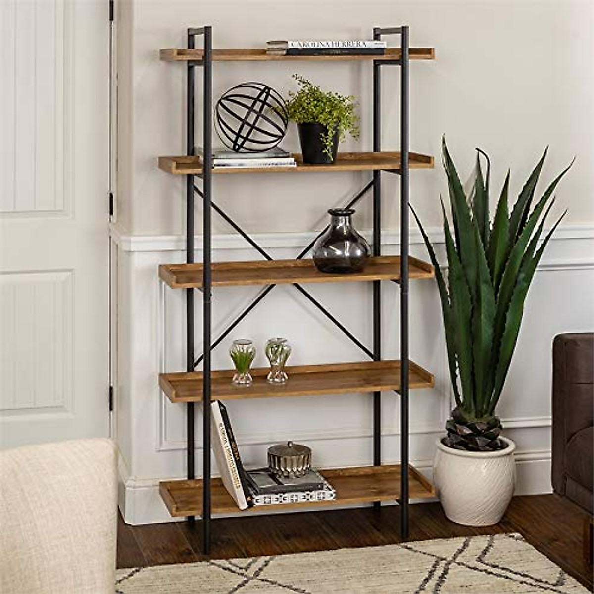Walker Edison 5 Shelf Industrial Wood Metal Bookcase Tall Bookshelf Storage Home Office, 68 Inch, Barnwood