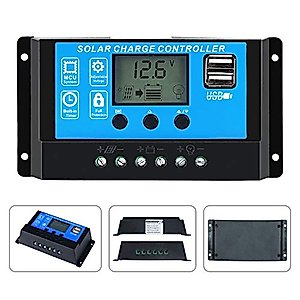 GCSOAR PWM Solar Charge Controller 10A 12V 24V Auto Work Max PV Solar Panel 100W/300W Solar Regulator with Dual 5V USB Ports LCD Display Overload Protection Timer Setting ON/Off (GC1024)
