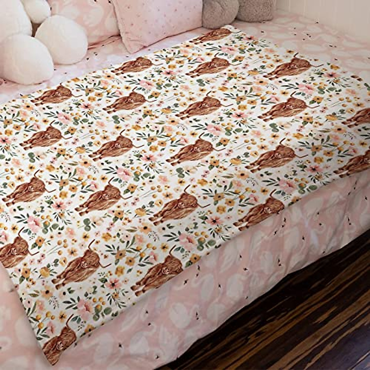 HawSkgFub Highland Cow Boho Retro Floral Baby Girl Blanket, Western Farm Animal Yak Flower Flannel Fleece Nursery Bed Swaddle Receiving Blankets, Soft Newborn Infant Toddler Kid Crib Bedding 30 x 40