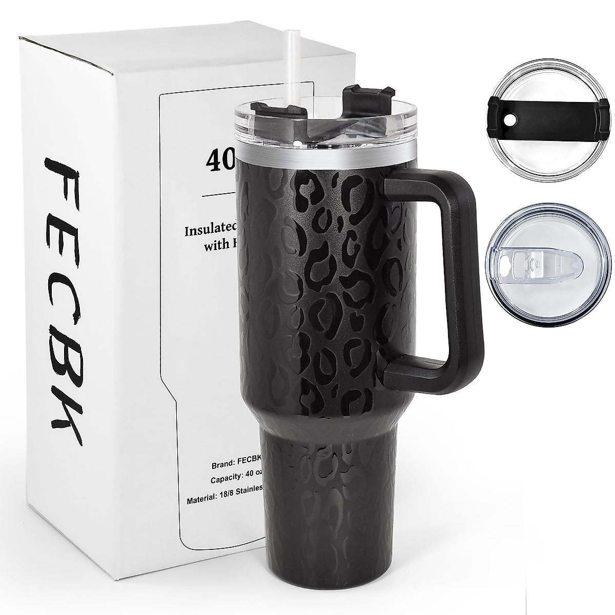 FECBK 40 oz Tumbler with Handle and Straw, 100% Leak-Proof Travel Mug, Stainless Steel Double Wall Vacuum Insulated Coffee Cup Keeps Cold For 34 Hours, Full Black Leopard