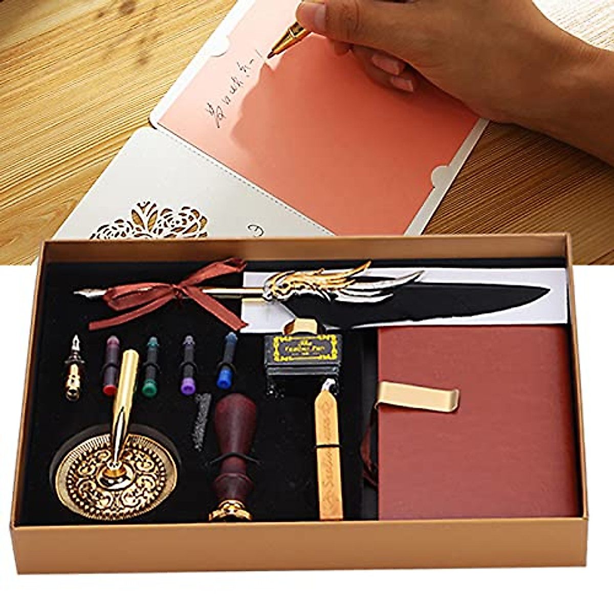 GOWENIC Dip Calligraphy Pen Set, Ink Sac Pen Kit Retro Carved Design for Office for Home (SP139001 black)