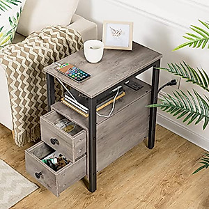 HOOBRO End Table with Charging Station and 5-Tier Corner Shelf, Narrow Side Table with 2 Drawers, Wood Storage Rack Plant Stand, Nightstand for Small Spaces, Greige BG541BZ01-BG50CJ01
