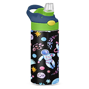 Boccsty Astronauts Planets Stars Kids Water Bottle with Straw Lid Meteors Space Insulated Stainless Steel Reusable Tumbler for Boys Girls Toddlers 12 oz Green