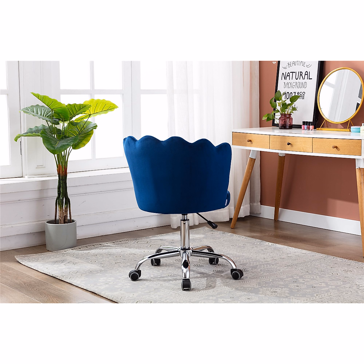 Swivel Shell Chair for Living Room & Bedroom - Modern Leisure Velvet Office Chair with Curved Backrest, Adjustable Lift Seat, Five-Star Base with Casters for Mobility, Metal & PolyWood Frame (Navy)