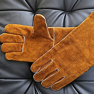 OLSON DEEPAK Welding Gloves HEAT RESISTANT Baking Grill Gloves Tig and Mig Welder Gloves Fireplace Gloves for Fireproof Wood Stove Glove (Brown-14inch)