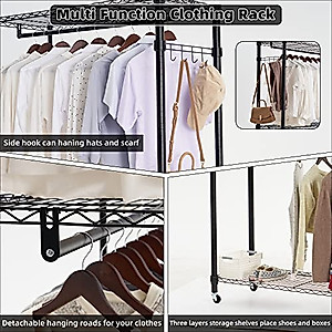 SIMFLAG Clothing Rack, 3 Tiers Garment Rack with Shelves, Rolling Garment Rack, Clothing Racks for Hanging Clothes, Lockable Wheels and Side Hooks, Max Load 460 lbs