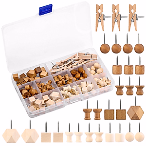 114 Pcs Wood Push Pins, 2 Colors and 7 Types Decorative Thumb Tacks Wooden Head Pin Wood Map Tacks Marking Pin, Wood Thumb Tacks Decorative for Bulletin Boards Craft Projects with Storage Box