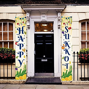 LOONELO Happy Sukkot Porch Banner with 70.9" X 11.8", Etrog Lulav Jewish Holiday Hanging Porch Sign, Sukkah Jewish Hebrewh Party Decorations Supplies for Jewish Holiday Sukkot Celebration Festival